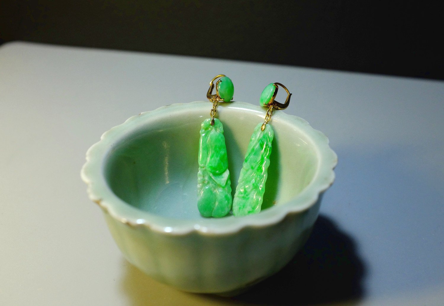 20k Antique Carved Jade Drop Earrings | Gem Gardener