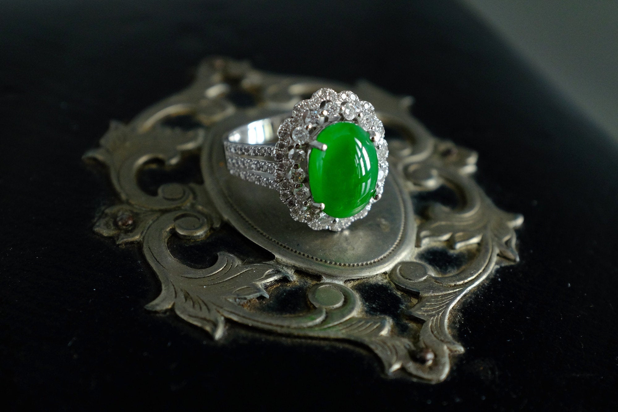 Translucent Jade Halo Diamond Ring 18k | Gem Gardener