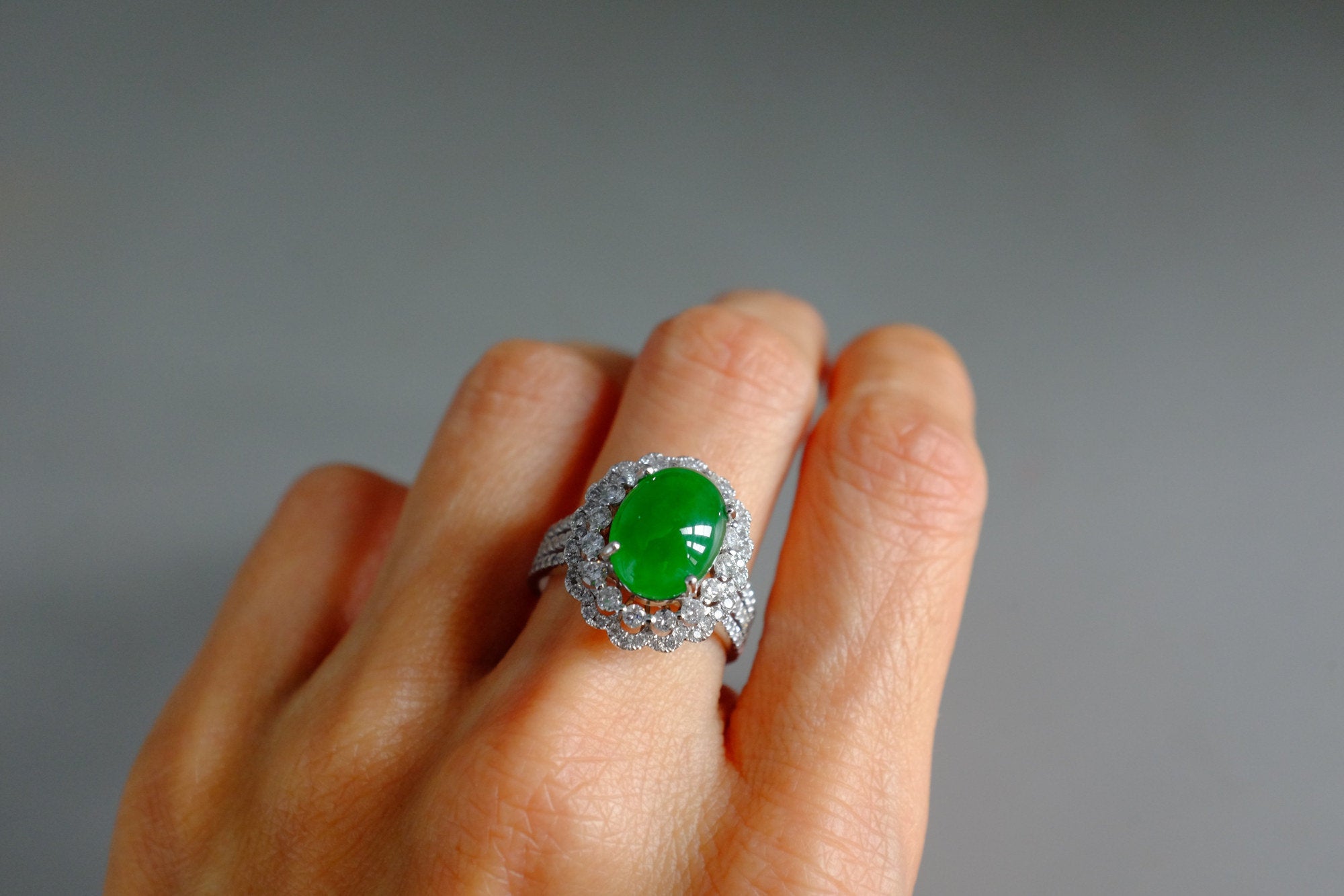Translucent Jade Halo Diamond Ring 18k | Gem Gardener