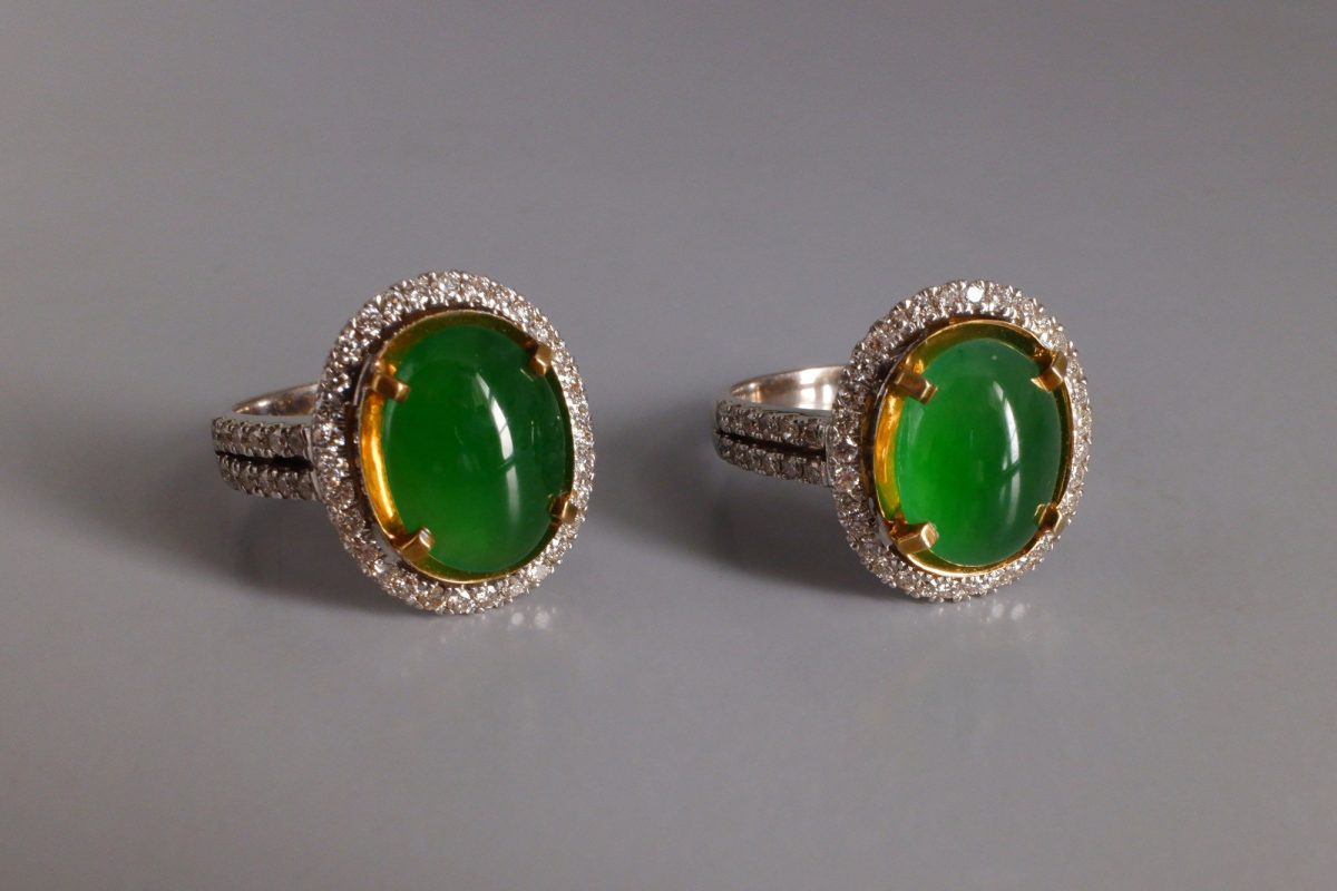 PAIR Jadeite Jade Cabochon Ring 18k Vintage | Gem Gardener