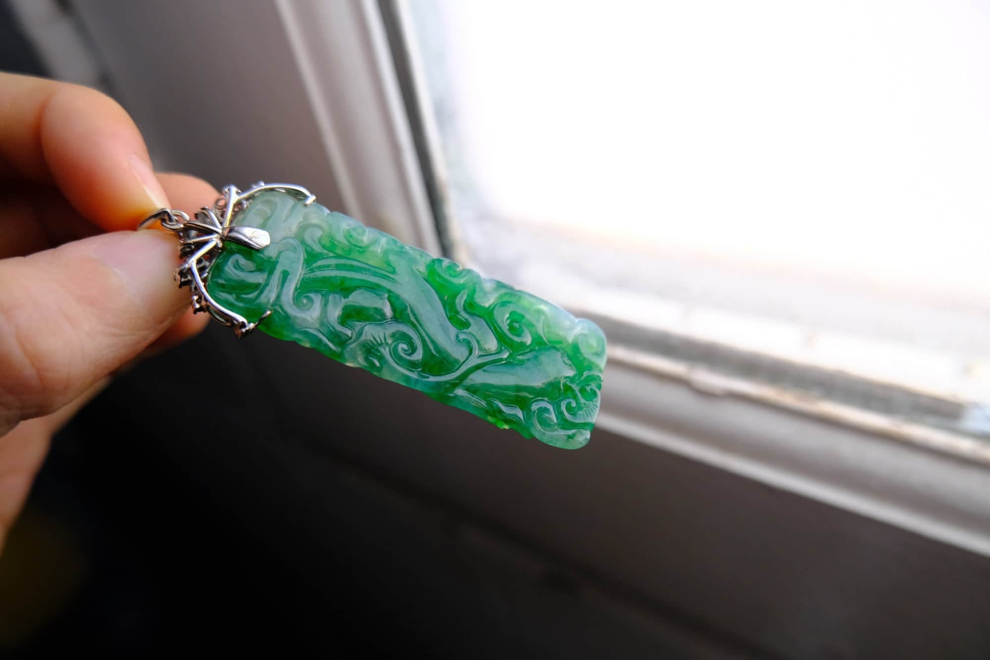 Long Antique Carved Jade Pendant 18k Chinese | Gem Gardener