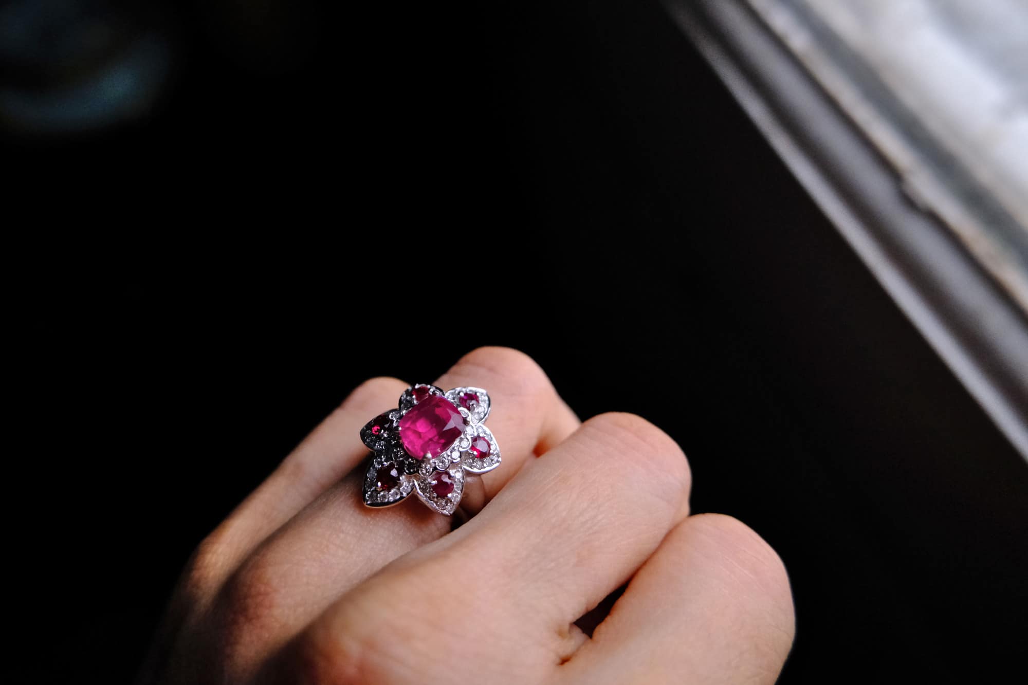 Unheated Ruby Ring Flower Cluster 18k | Gem Gardener