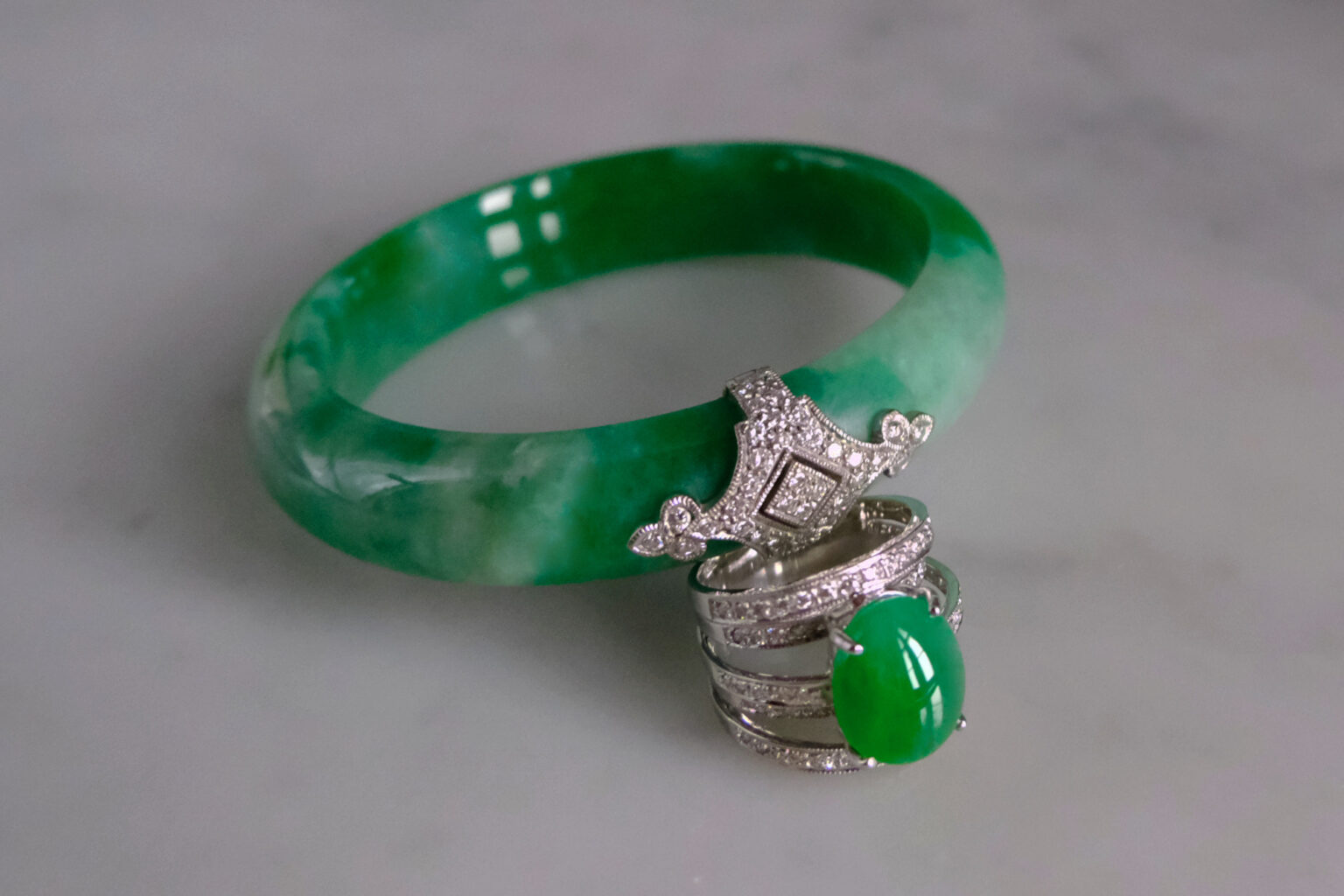 Green Jadeite Jade Diamond Ring Deco 18k | Gem Gardener