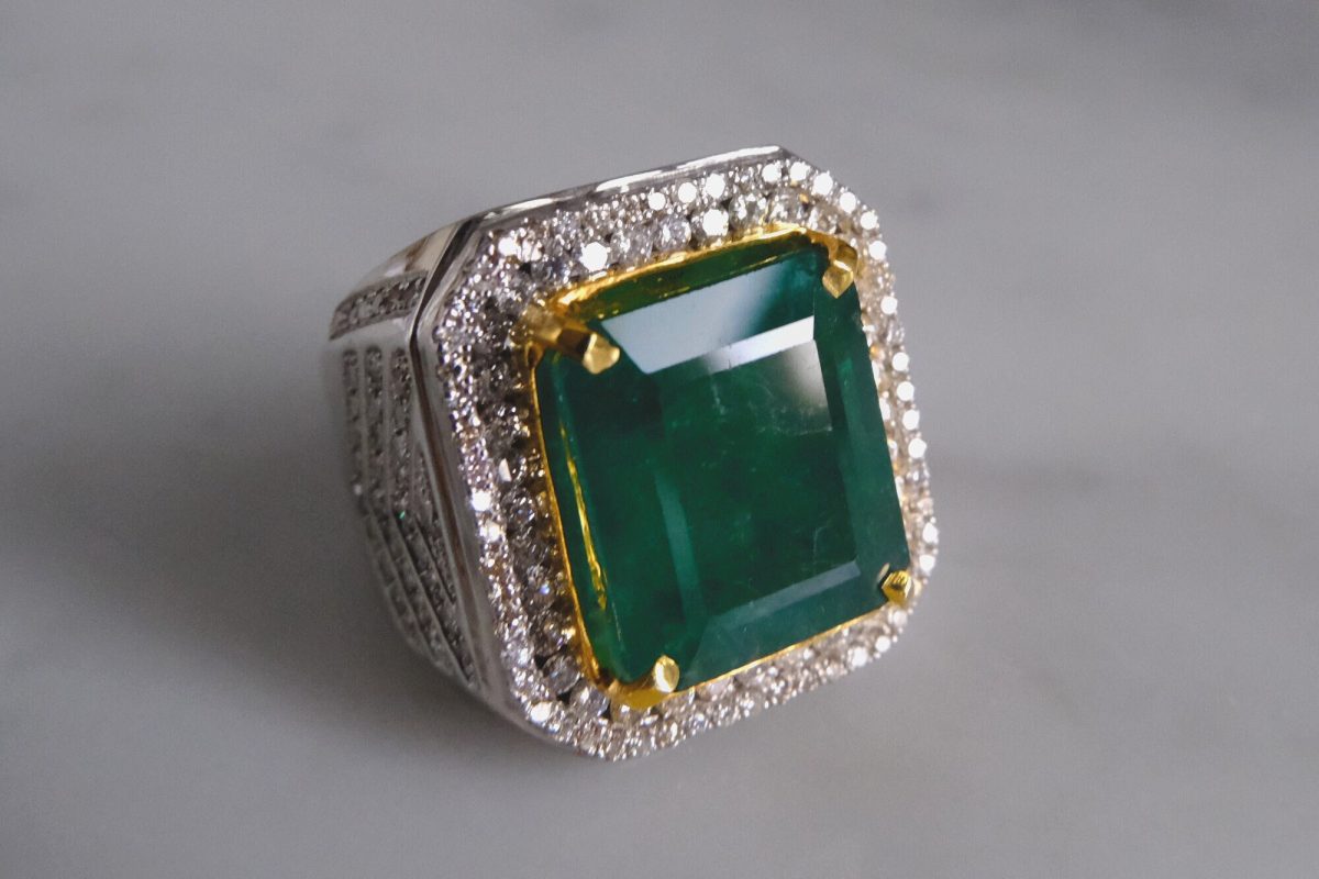 15ct Big Emerald Mens Ring Zambian 18k | Gem Gardener