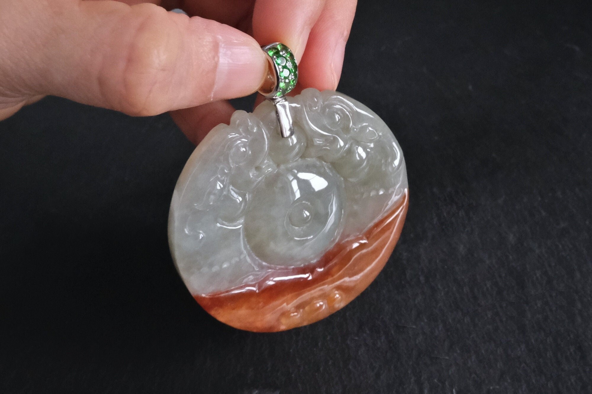 White Red Jade Carved Dragon Pendant 18k | Gem Gardener