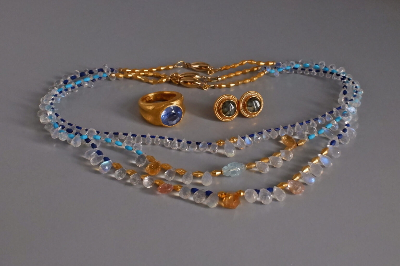 Medieval Moonstone Bead Necklace Lapis Turquoise 18k | Gem Gardener