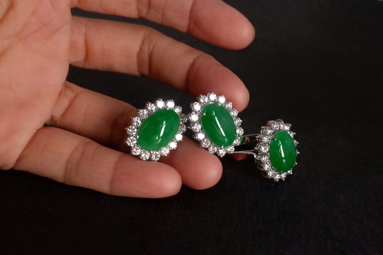 Sizable Jadeite Jade Earrings Ring Set Halo | Gem Gardener