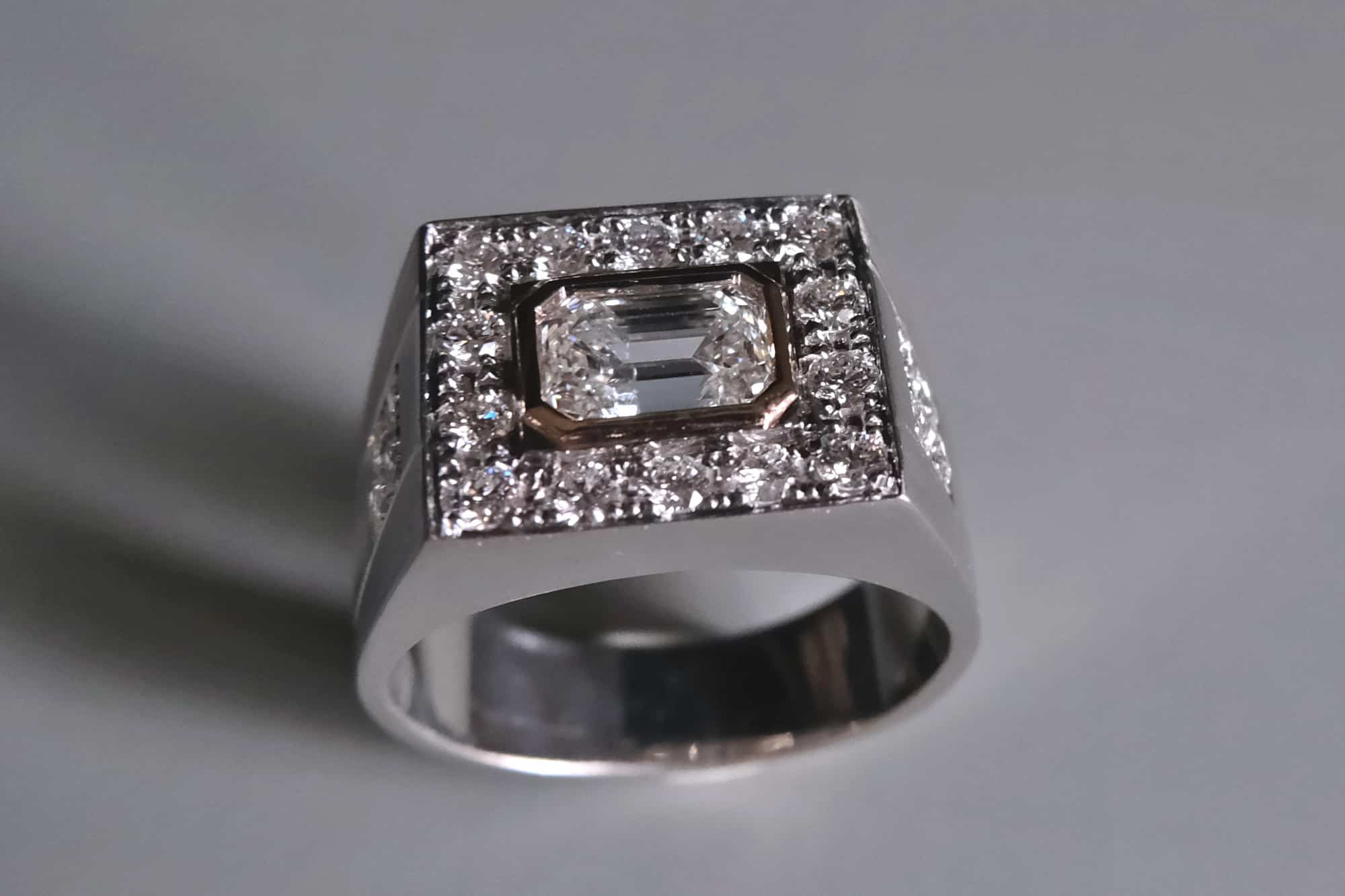 Mens Bezel Diamond Ring Emerald Cut 18k Vintage | Gem Gardener