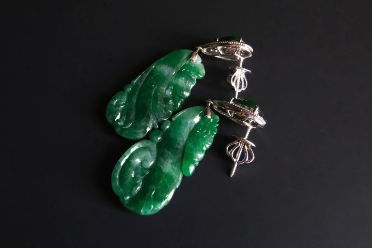 Carved Art Deco Jade Earrings Drop 18k | Gem Gardener