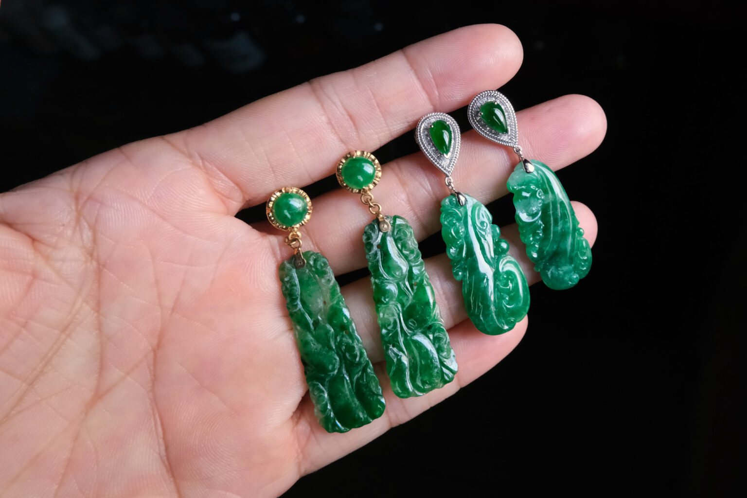 Carved Art Deco Jade Earrings Drop 18k | Gem Gardener
