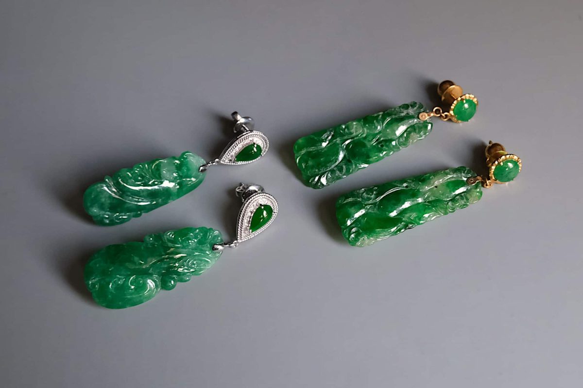 Carved Art Deco Jade Earrings Drop 18k | Gem Gardener