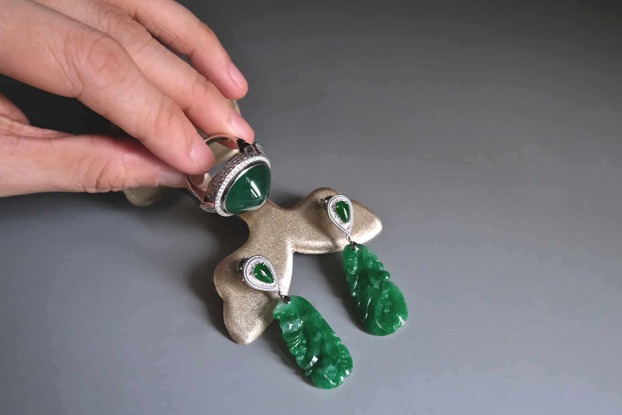 Carved Art Deco Jade Earrings Drop 18k | Gem Gardener